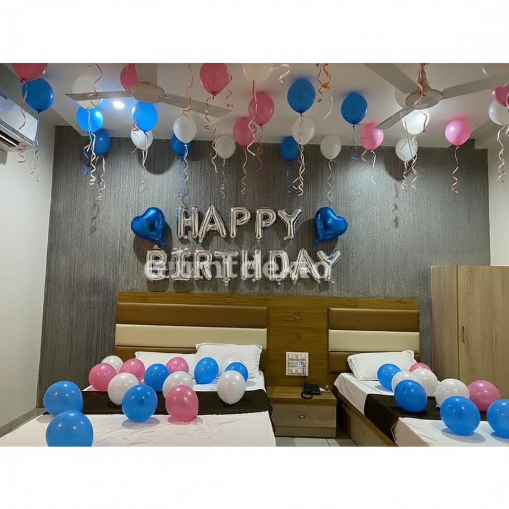 Birthday Room Decoration Blue Pink White Balloon Theme | Simple ...